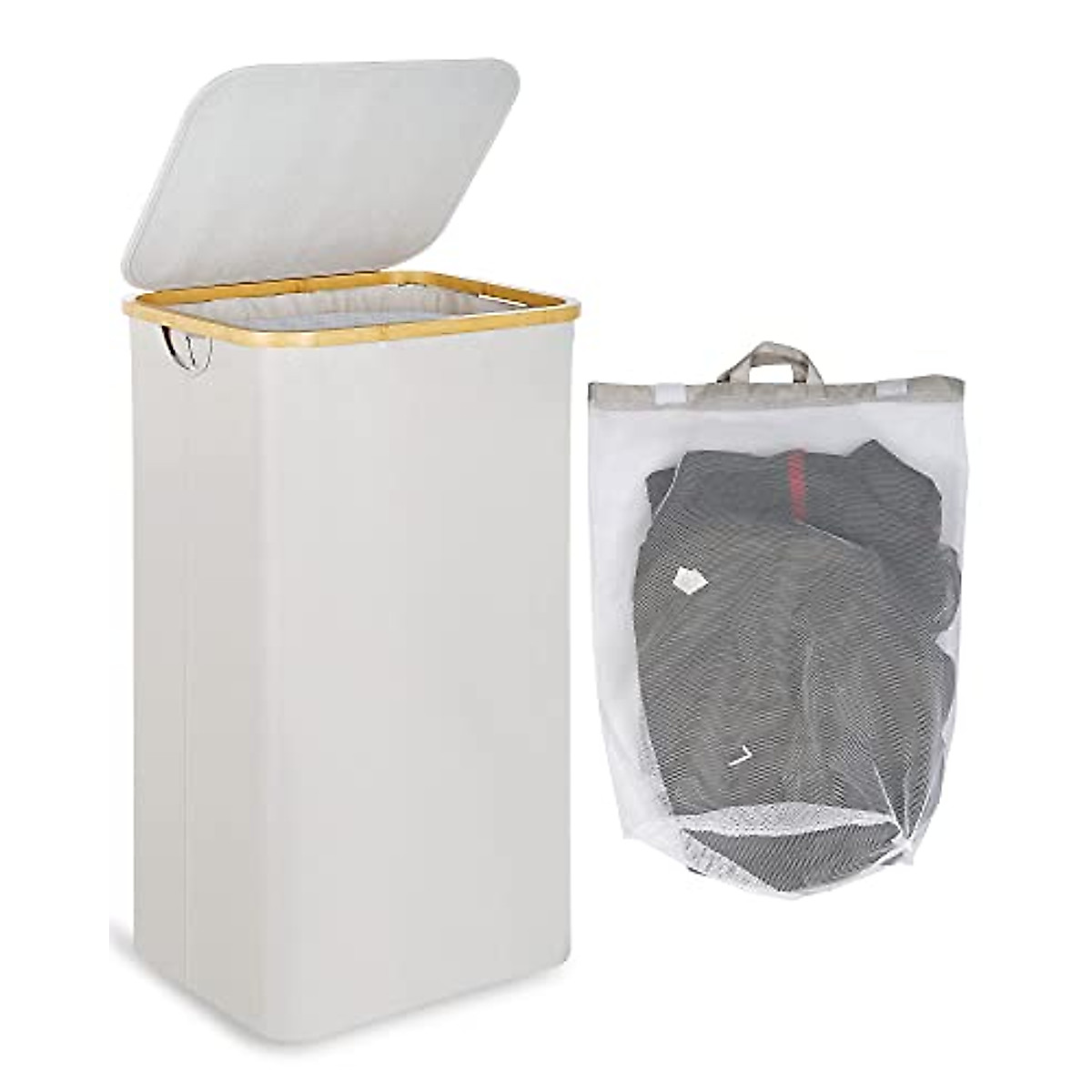 efluky Large Laundry Basket with Lid, 100L Tall Laundry Basket with Bamboo Handles for Clothes and Toys, Collapsible Laundry Hamper with Inner Bag for Bedroom and Bathroom, Light Grey