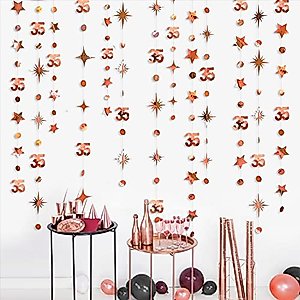 Rose Gold 35th Birthday Decorations Number 35 Circle Dot Twinkle Star Garland Metallic Hanging Streamer Bunting Banner Backdrop for Womens Thirty Five Year Old Birthday 35th Anniversary Party Supplies