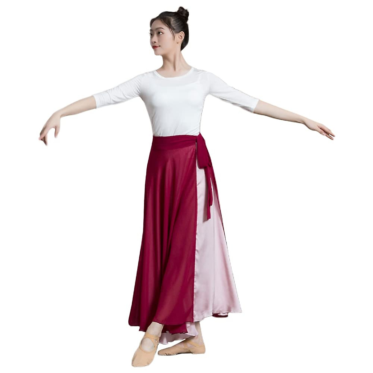 ROYAL SMEELA Women Lyrical Dance Skirt Long Ballet Wrap Skirt Flowy Maxi Skirts for Ballerina Modern Contemporary Dance Skirt Jujube Red