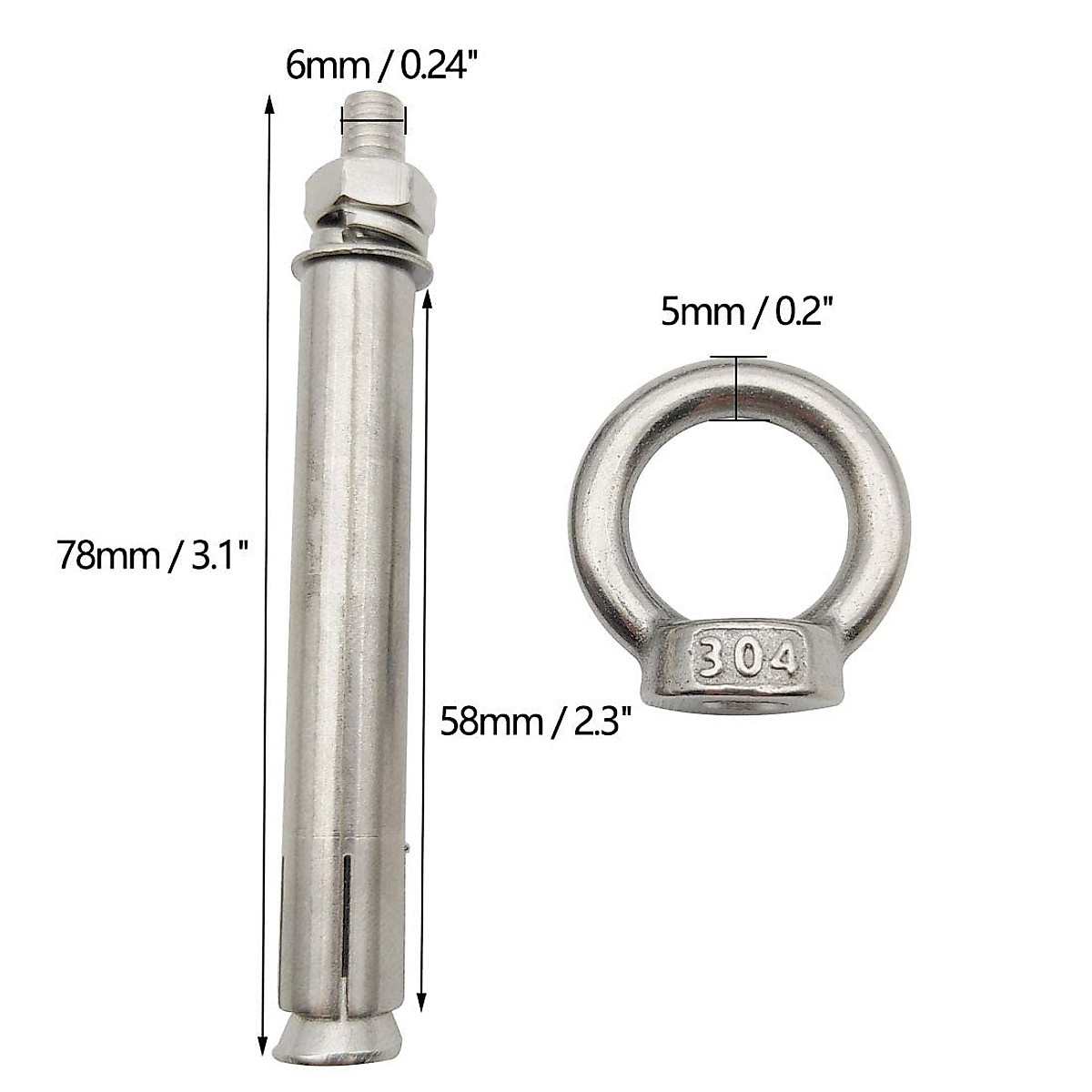 Sipery 5Pcs 304 Stainless Steel Ring Lifting Expansion Eyebolt Screw Closed Hooks Anchor Bolt M6x80mm