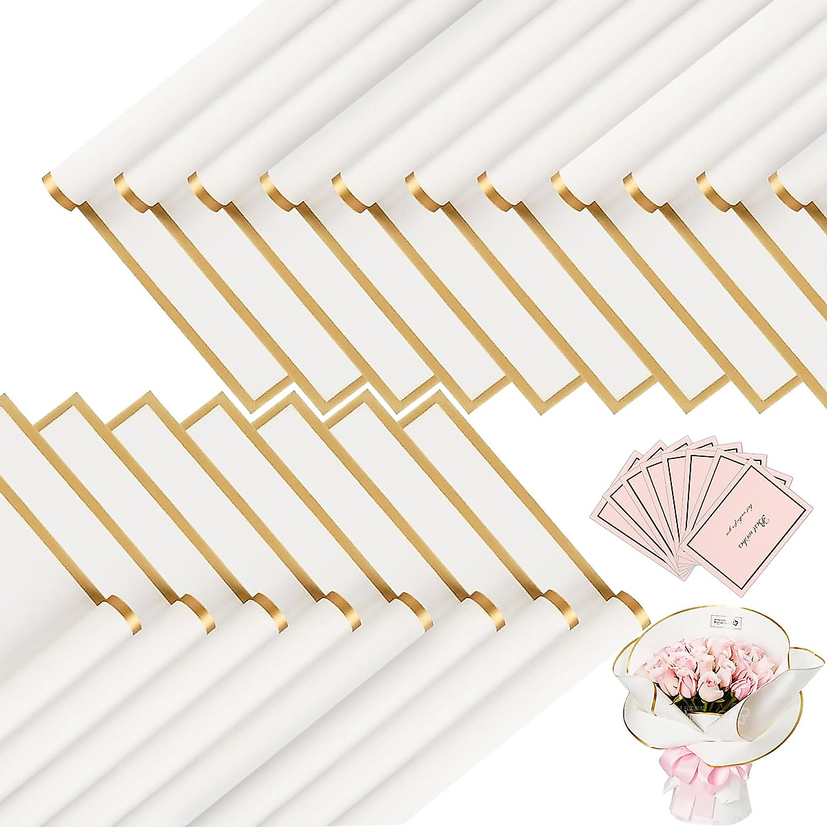 40 Sheets Gold Edge Flower Wrapping Paper with Cards, White Bouquet Wrapping Paper Watertight Floral Wrapping Paper, Florist Bouquet Supplies, DIY Floral Paper for Flower Shop Wedding Birthda