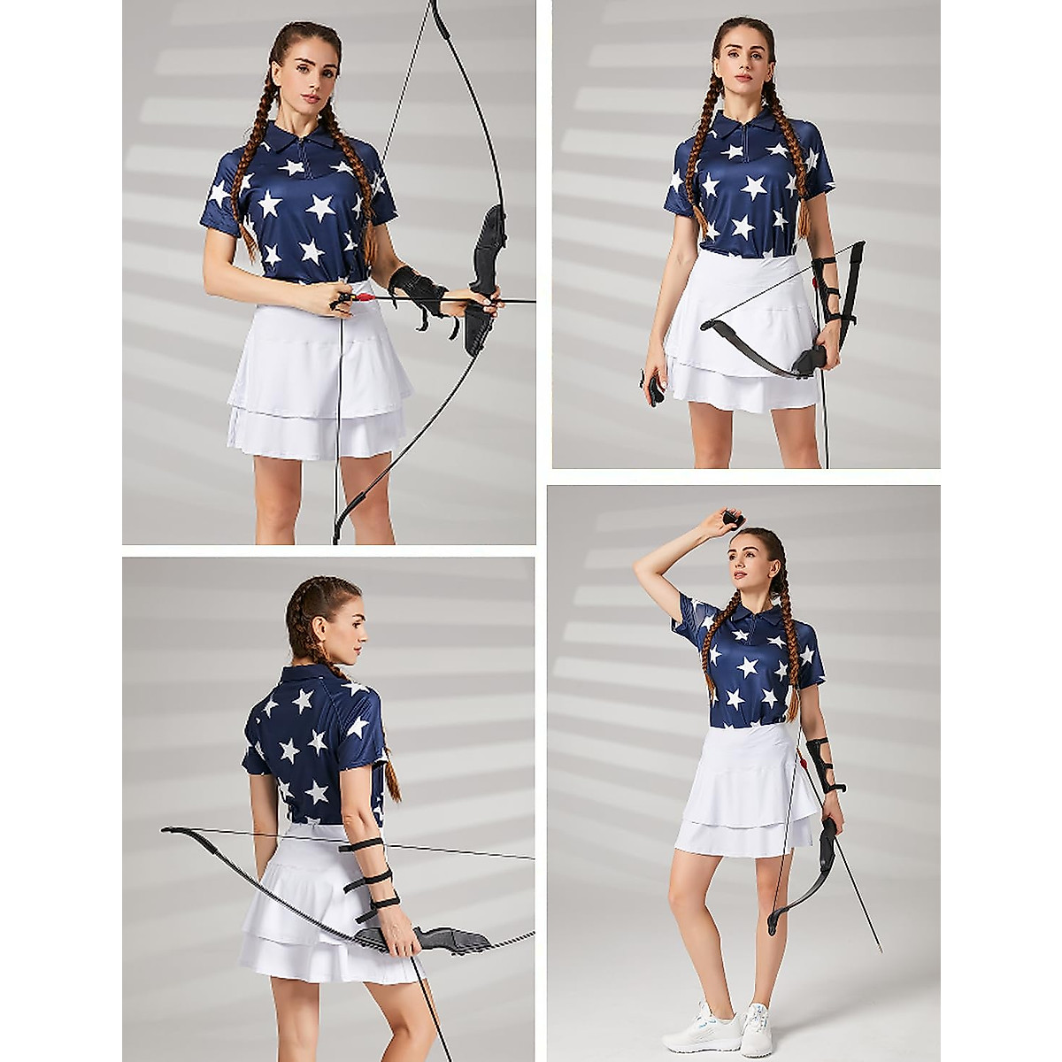 Women's Short Sleeve Golf Polo Shirts Moisture Wicking Golf Apparel Lady Golf Tops US Flag, Medium