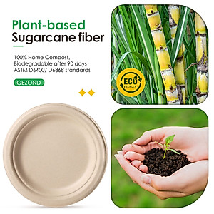 Gezond 100% Compostable Paper Plates 7 Inch, 150pcs Disposable Heavy-Duty Plates Unbleached Biodegradable Plate Made of Sugarcane Fiber