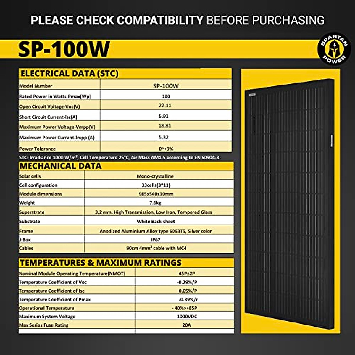 Spartan Power 100 Watt Solar Panel 9 Bus Bar Black Mono Great for RV, Trailer, Camper, Boat, Cabin, Farm, SP-100W