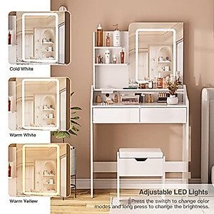 Vabches Vanity Desk with LED Light Mirror and Charging Station, Small Cute Vanity Set with 4 Storage Shelves 2 Drawers, Vanity for Girls Women with Storage Stool, Vanity Table for Bedroom (White)
