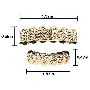 Gold Grillz Teeth Set Best gift for Son-New Custom Fit 14k Plated Gold Diamonds Grillz - Excellent Cut for All Types of Teeth–6pcs Top and Bottom Grill Set - Hip Hop Bling Grillz
