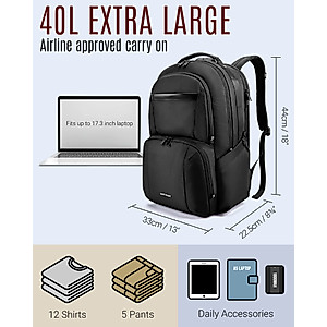 LIGHT FLIGHT Laptop Backpack for Men, Travel Backpack for Men Women Bookbag with Charging Port Fits 17.3 Inch Computer, 40L Back Pack for Business School Work College, Black