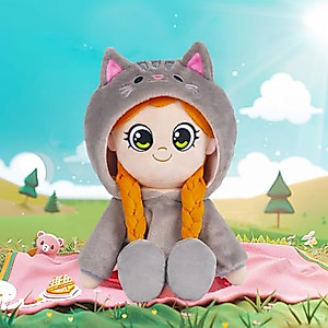 17" Soft Baby Doll Toys, My First Baby Doll with Grey Cute Kitten Character Hoodie Cloth, Soft Stuffed Rag Dolls for Toddler Kids Infants