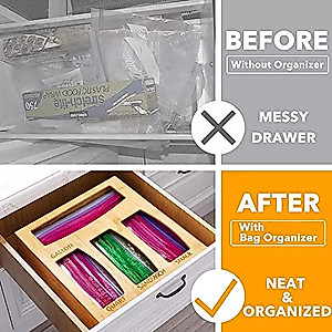 Bamboo Food Storage Ziploc Bag Organizer - Perfect for a Kitchen Drawer and Kitchen Organization - Plastic Ziploc Bags Storage Compatible with Gallon, Quart, Sandwich & Snack Variety Size Bags