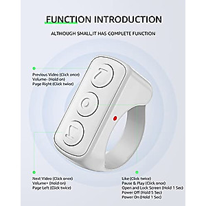 TIK Tok Bluetooth Remote Control Wireless Page Turner Tiktok Scrolling Control Rechargeable with Ring Design for iPhone Android Ipad Cell Phone (White)