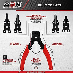 ABN Snap Ring Pliers Set – 5 Pc Interchangeable Jaw Head C Clip Pliers Set – Straight, 45, and 90 Degree Angled Jaws