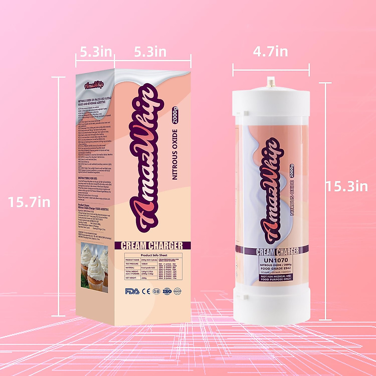 AmazWhip Premium Whipped Cream Charger 2000g 3.3L, Food Grade Nitrous Oxide Tank Pure Flavored N2O Chargers, For Any Standard Whipping Cream Dispenser (4 canisters)
