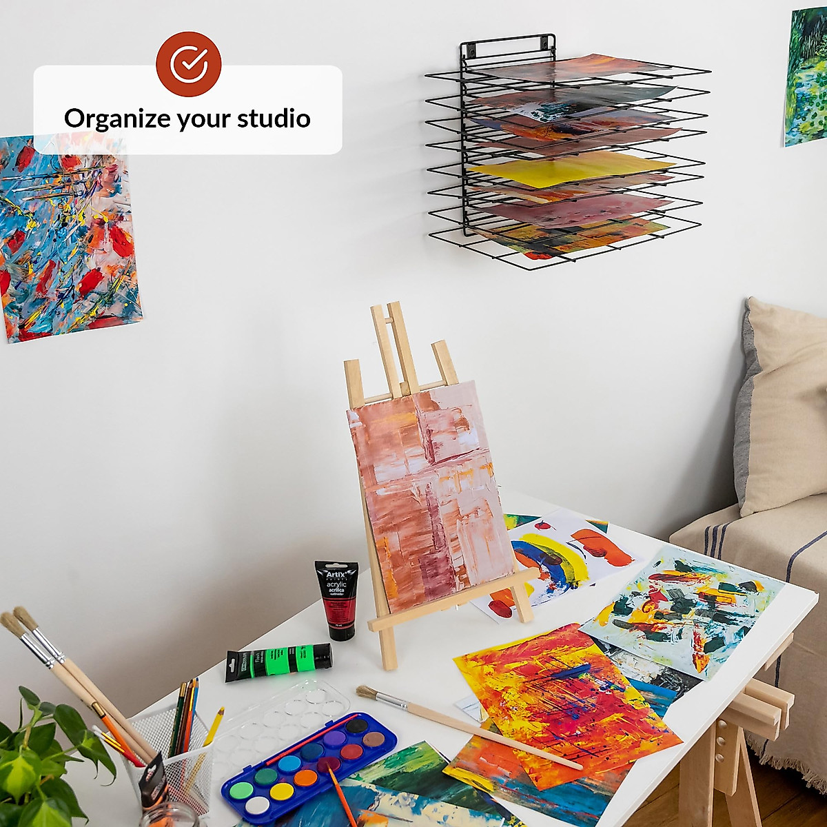 ODOXIA Art Drying Rack Hanging for Classroom | Small Hangable Paint Drying Rack | 8 Removable Shelves | Canvas Rack Art Storage | Painting Drying Rack with Screws | Stack Rack for Painting, Drawings