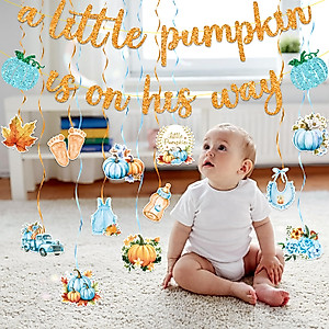 Little Pumpkin Baby Shower Decorations for Boy, Fall Blue Gender Reveal Decor, A Little Pumpkin Is on His Way Baby Shower Banner and Pumpkin Hanging Swirls