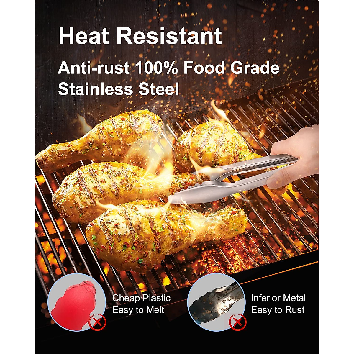 Bnlcd Cooking Tongs with Teeth, Premium Stainless Steel Kitchen Tongs Set of 2-9" and 12", Heavy Duty Locking Metal Food Tongs with Non-Slip Grip - Black