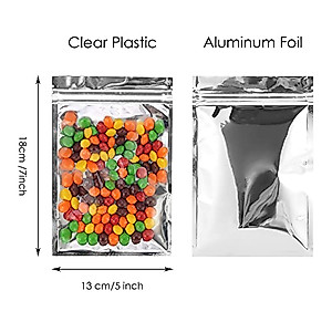 Resealable Mylar Bags | 100 Pcs 5 X 7 Inch | Smell Proof Ziplock Bag Heat Seal Cute Packaging Foil Food Bags Sealable Large Front Clear Plastic Silver for Storage Candy Beef Jerky Jewerly Product