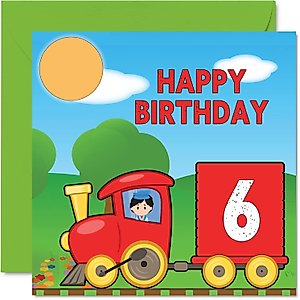 6th Birthday Card Unisex - Train - Happy Birthday Card for 6 Year Old Son Daughter Brother Sister Grandson Granddaughter Niece Nephew Cousin, 5.7 x 5.7 Inch Birthday Greeting Card
