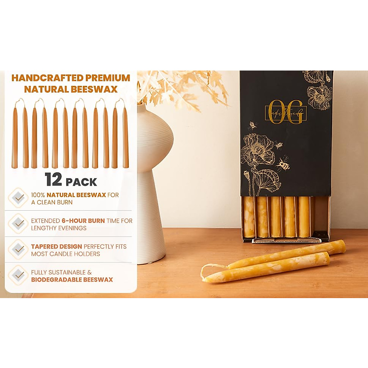 12 Dripless 8" Long Beeswax Taper Candles, 100% Natural Beeswax Taper Candles, Smokeless Tall Candlesticks, Decorative Long Burning Time, Drip Free Beeswax Candle Sticks for Home, Wedding, Dinner, etc