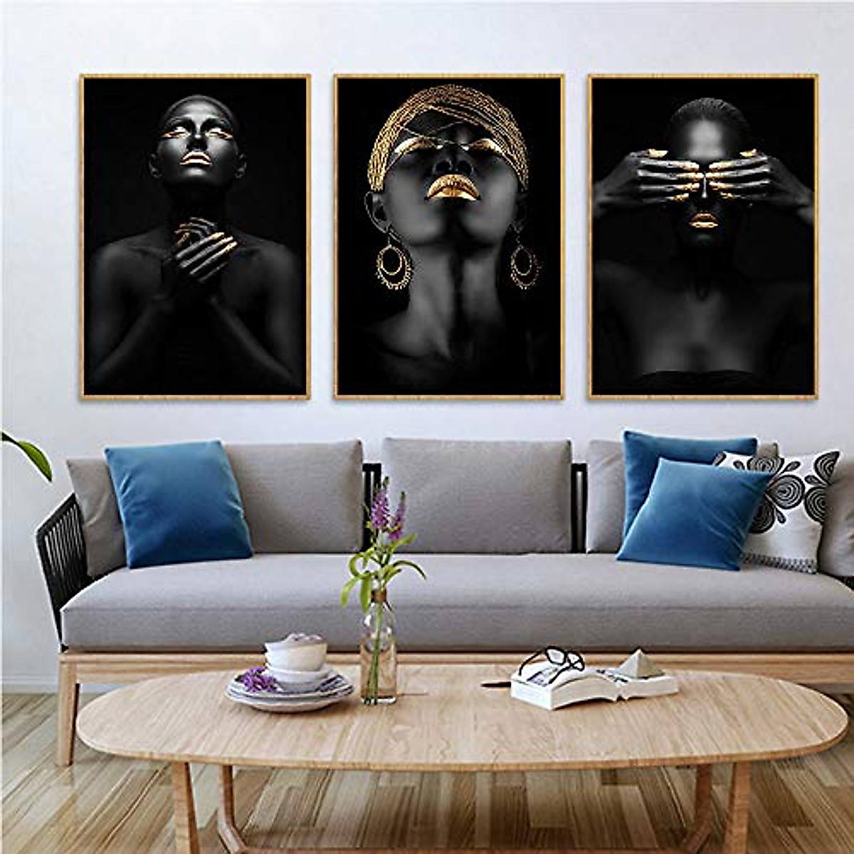 YOWOCAL Black Women Beauty Prints, 16x20 Inches African American Girls Canvas Wall Art ,Pop Gold Earrings Praying Girl Drawing Decor for Home Living Room Bedroom Porch(Set of 3,Unframed)
