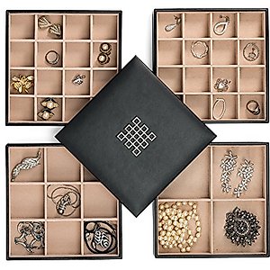 Glenor Co Earring Organizer Tray - 4 Stackable Trays with Lid -45 Slot Classic Jewelry Storage Display Case for Drawer or Dresser - Holder for Earring Ring Necklace or Cufflinks - Large Mirror - Black