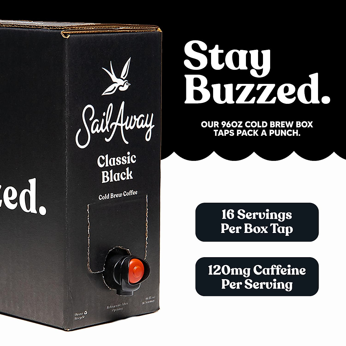 Sail Away Coffee Cold Brew Coffee Box Taps- Less Acidic Coffee Beverages | 120mg Caffeine, Gluten Free, Organic, Keto, Classic Black, 96 Fl. Oz.