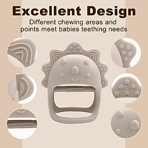 Baby Teething Toys, JUSONEY 2 Packs Anti-Drop Silicone Teething Mitten for Babies 3+ Months, Baby Teething Gloves 3D Chicken and Triceratops Shape Wrist Hand Teethers for Sucking Needs