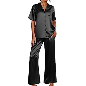 Ekouaer Satin Pjs for Women Short Sleeve Pajama Set Silk Button Up Top Wide Leg Long Pants Two Piece Lounge Set Black,Small