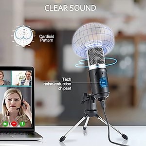 BLOUEFOZ USB Microphone, Computer Podcast Cardioid Condenser PC Mic with Tripod Stand for Recording,Gaming,Compatible with Laptop Desktop Mac & Windows