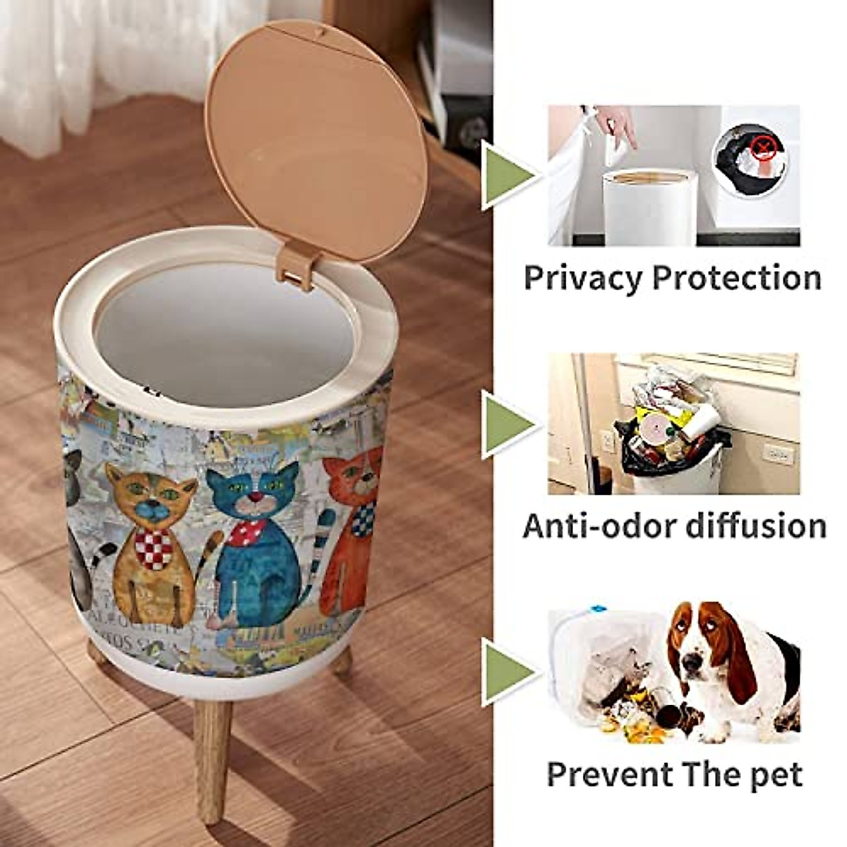 IBPNKFAZ89 Small Trash Can with Lid Cats Watercolors on Paper Garbage Bin Wood Waste Bin Press Cover Round Wastebasket for Bathroom Bedroom Kitchen 7L/1.8 Gallon, 8.66x14.3inch
