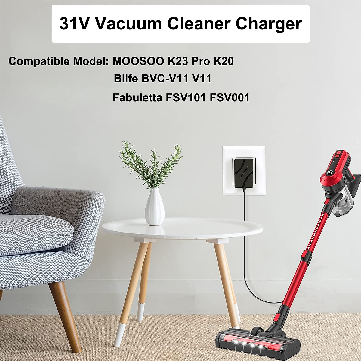 VHBW Vacuum Cleaner Charger for MOOSOO K23 Pro K20, Blife BVC-V11 V11, Fabuletta FSV101 FSV001, ORFELD B08 C10A Cordless Vacuum Charger Replacement 31V Power Cord Adapter