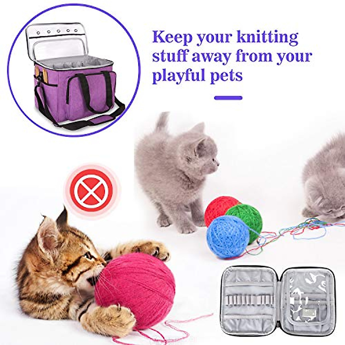 Knitting Bag, Yarn Tote Storage Organizer with Separate Crochet Hooks & Knitting Needles Bag,Slits on Top to Protect Wool and Prevent Tangling Large Purple