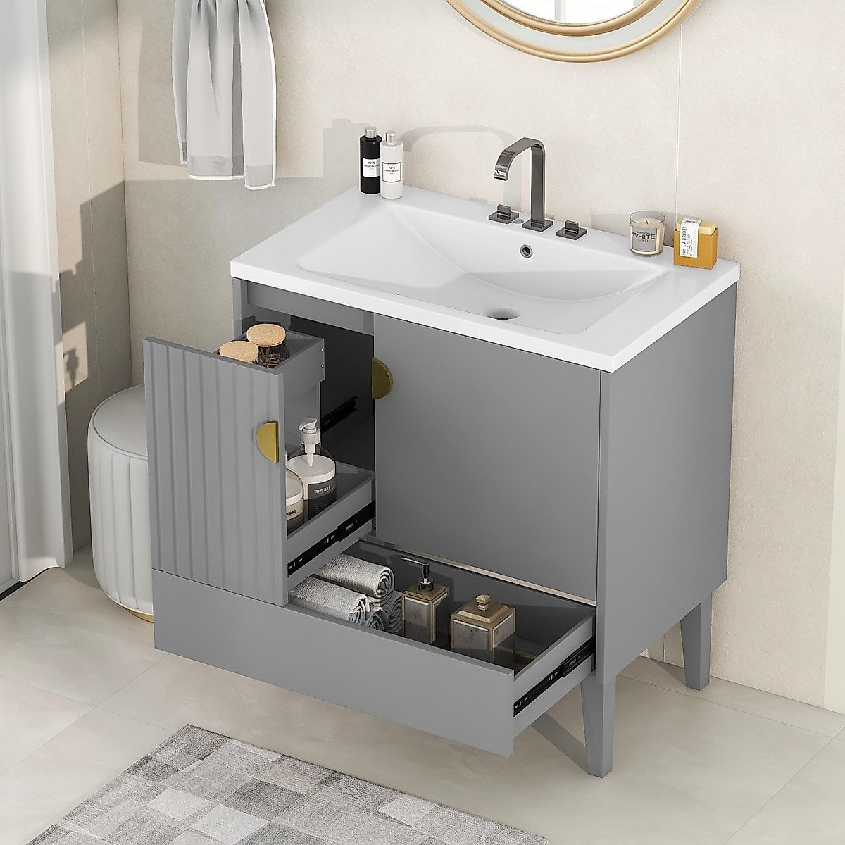 Bellemave 30" Bathroom Vanity with Top Sink, Multi-Functional Bathroom Vanity Set, Bathroom Vanity and Basin Sink Combo with Cabinet and 2 Drawers for Bathroom No Mirror (Grey)