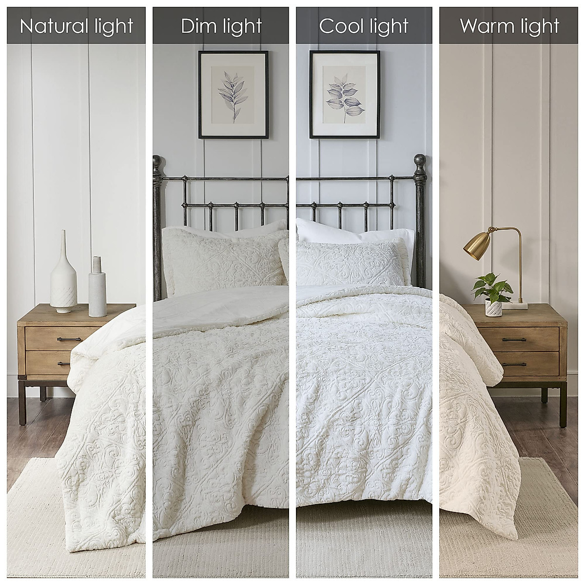 Madison Park Bismarck Full/Queen Size Bed Comforter Set - Ivory, Embroidered Medallion – 3 Pieces Bedding Sets – Faux Fur Plush Bedroom Comforters (MP10-2000)