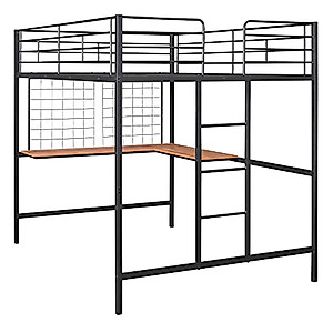Full Size Loft Bed with Desk and Metal Grid, Metal Loft Bed with Ladder and Full-Length Guardrail for Kids Boys Girls Teens, Hold up to 250lbs, Noise Free Frame, Black