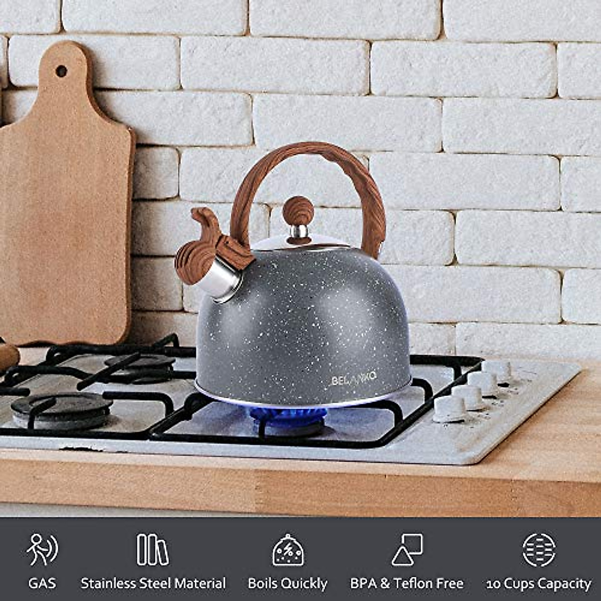 Tea Kettle, 2.3 Quart / 2.5 Liter BELANKO Stainless Steel Tea Kettles, Food Grade Stovetops Tea pot with Wood Pattern Handle Loud Whistling for Tea, Coffee, Milk etc, Gas Electric Applicable - Gray