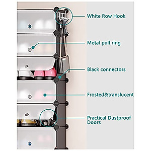 DINMO 10-Tier Shoe Rack with Doors for Entryway, 20 Pairs, Portable Plastic Cubby Shoe Shelves Organizer Unit, DIY Shoe Cabinet, Black