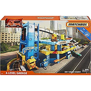 Matchbox Cars Playset, 4-Level Toy Garage & Tow Truck in 1:64 Scale, Kid-Powered Elevator, Car Repair Station & Spiral Ramp