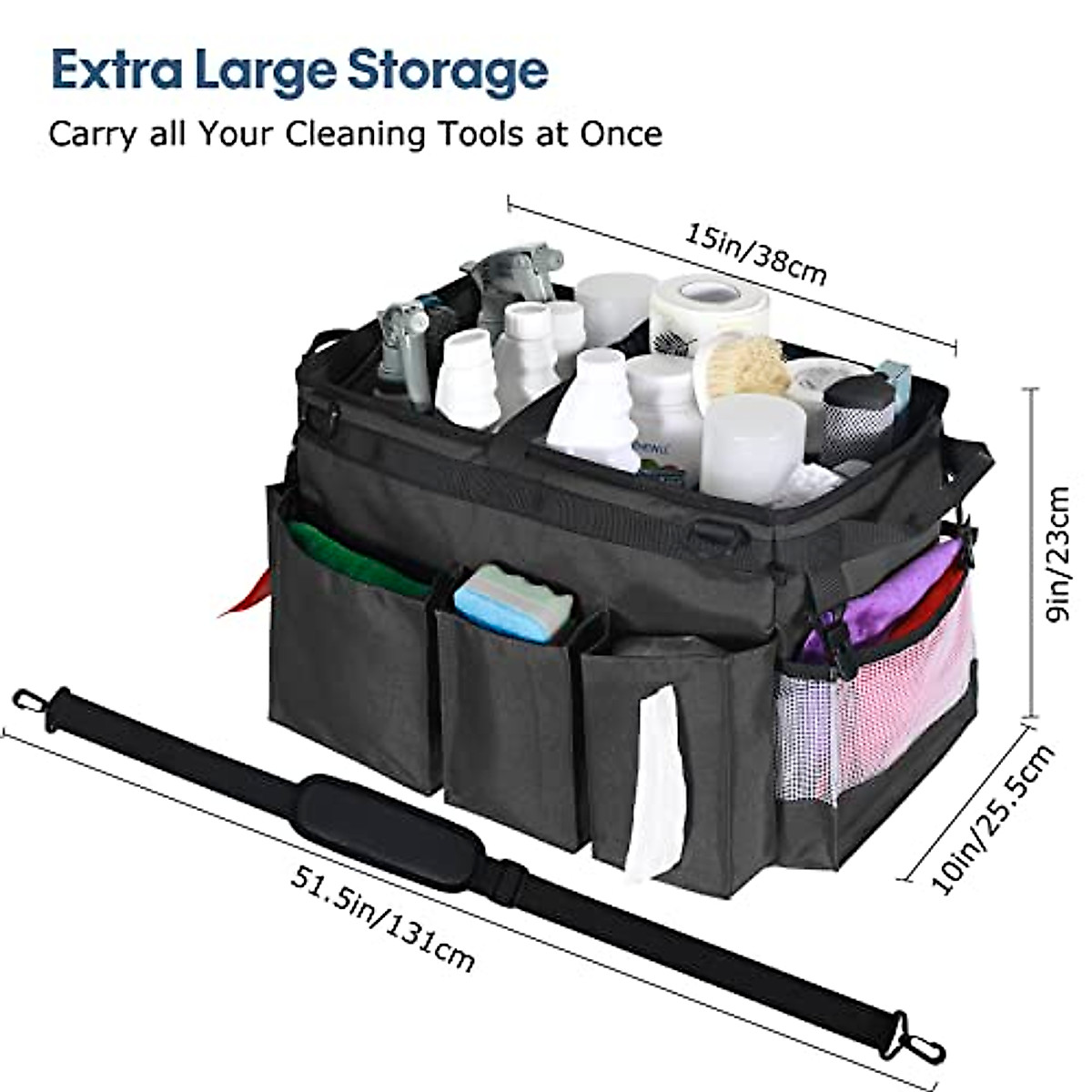 Large Wearable Cleaning Caddy Bag for Cleaning Supplies with 4 Foldable Dividers，Cleaning Caddy Organizer with Handle，Cleaning Bags for Housekeepers with Shoulder and Waist Straps