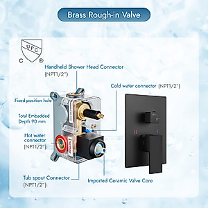 Cinwiny Matte Black Wall Mount Waterfall Tub Spout with Handheld Shower Single Handle Tub Filler Bathtub Shower Faucet Set with Sprayer Rough-in Valve Brass