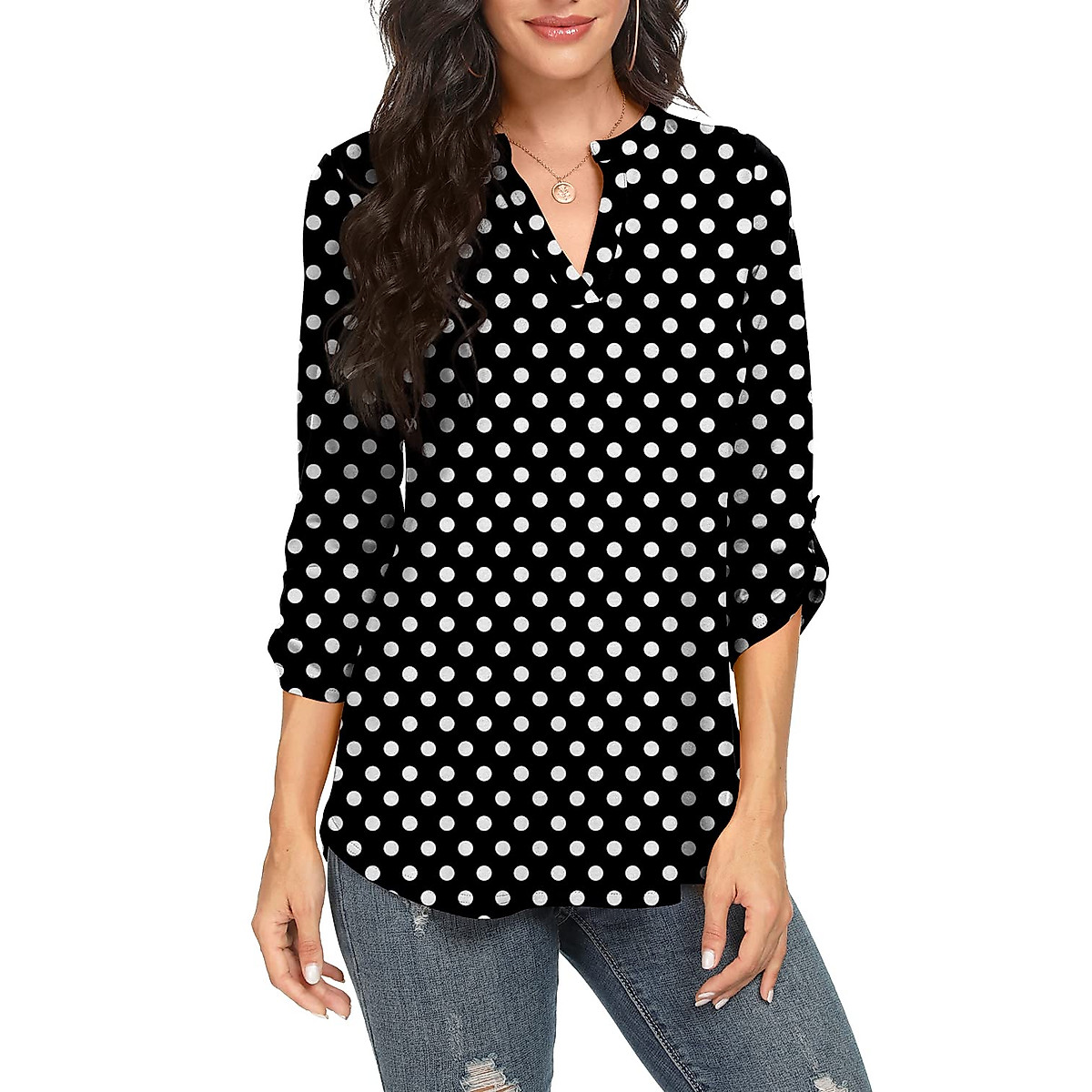 NILOUFO Womens Casual Summer Shirts Notch V Neck Blouses 3/4 Roll Sleeve Tops Tunics(Polka Dot Black, Large)