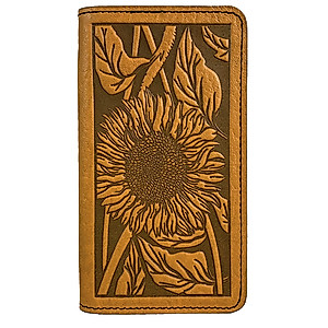 Oberon Design Sunflower Embossed Genuine Leather Checkbook Cover, 3.5x6.5 Inches, Marigold, Made in the USA