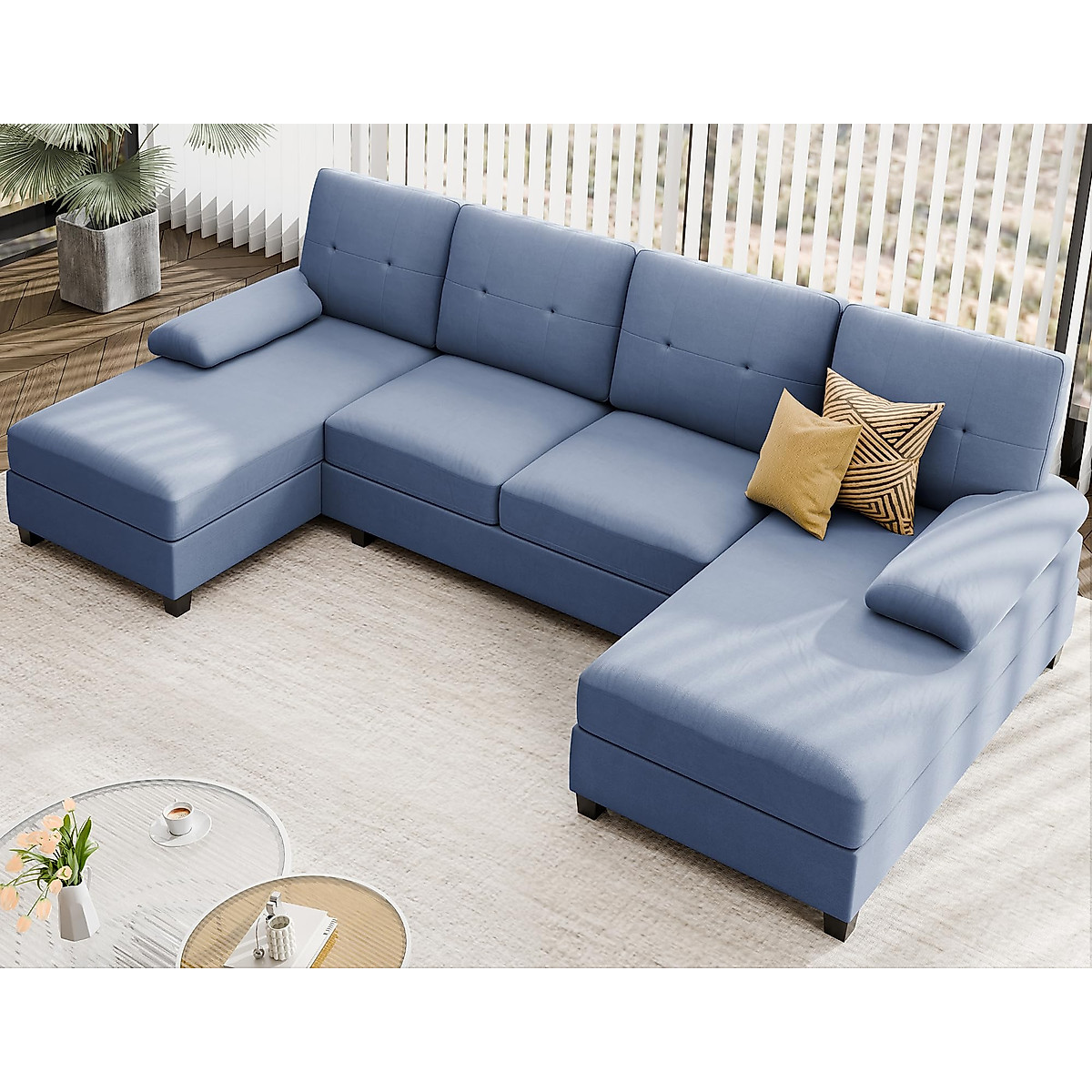JAMFLY Sectional Sofa Couches for Living Room, Living Room Furniture Sets Clearance, 4 Seat U Shaped Sofa Sectional Couch with Chaise, Blue