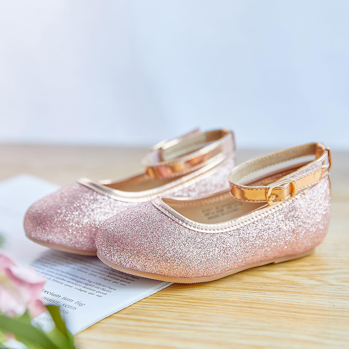 Flaryzone Toddler/Little Girls' Glittery Ankle Strap Mary Jane Flats Wedding Flower GILR Princess Dress Shoes (Pink,Toddler-Size 9)