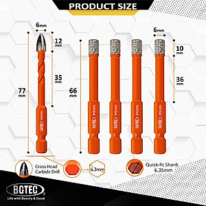 BGTEC Dry Diamond Drill Bits Set-4pcs 1/4" Tile Drill Bit with Quick Change Hex Shank and 1pc 1/4" Carbide Drill for Granite Marble Porcelain Ceramic