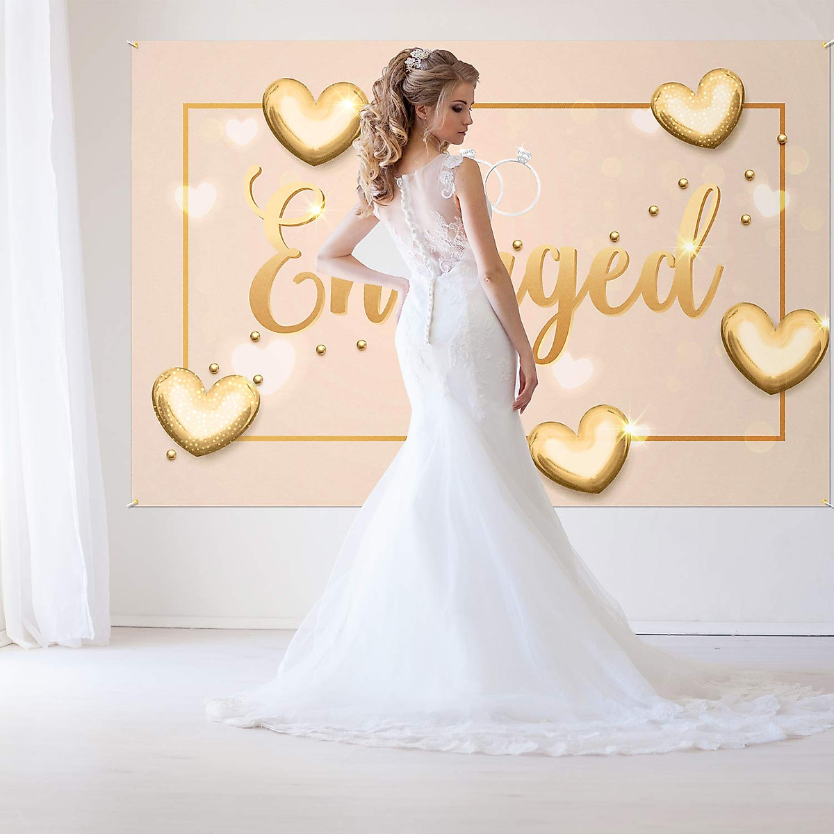 PAKBOOM Engaged Backdrop Banner - Engagement Bridal Shower Party Decorations Supplies - 3.9 x 5.9ft Gold