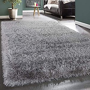 Paco Home Shag Rug High Pile in Grey for Bedroom & Living Room Fluffy Glossy Pastel Yarn, Size: 3'11" x 5'7"