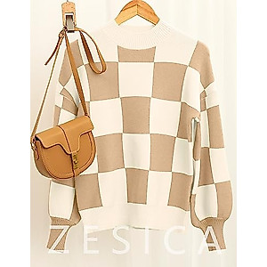 ZESICA Women's 2023 Fall Fashion Turtleneck Long Sleeve Striped Ribbed Knit Loose Pullover Sweater Tops,KhakiPlaid,Small