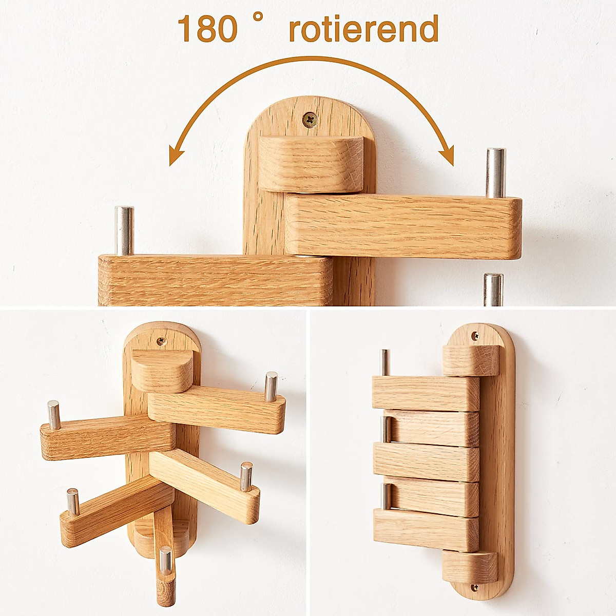 Rsuwiz Coat Hooks for Wall, Oak Wood Wall Hooks with 5 Swivel Foldable Arms, 12'' Length Wall Coat Rack Hat Hooks for Bathroom Entryway Bedroom Office Kitchen, Heavy Duty (Natural)