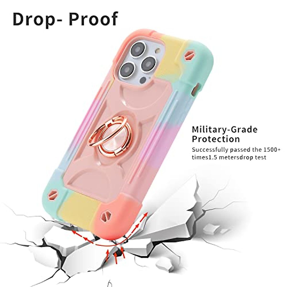 MARKILL Compatible with iPhone 14 Pro Max Case 6.7 Inch with Ring Stand, [Soft Silicone and Hard Plastic ] Heavy-Duty Military Grade Shockproof Phone Cover for iPhone 14 Pro Max. (Rainbow Pink)