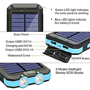 Solar Power Bank Portable Charger 20000mah Waterproof Battery Backup Charger Solar Panel Charger with Dual LED Flashlights and Compass for All CellPhones, Tablets, and Electronic Devices